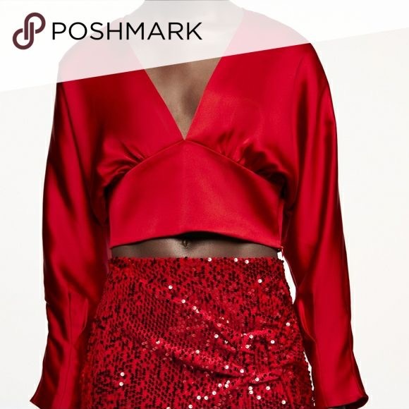 Tops | Zara Red Satin Crop Top | Poshmark